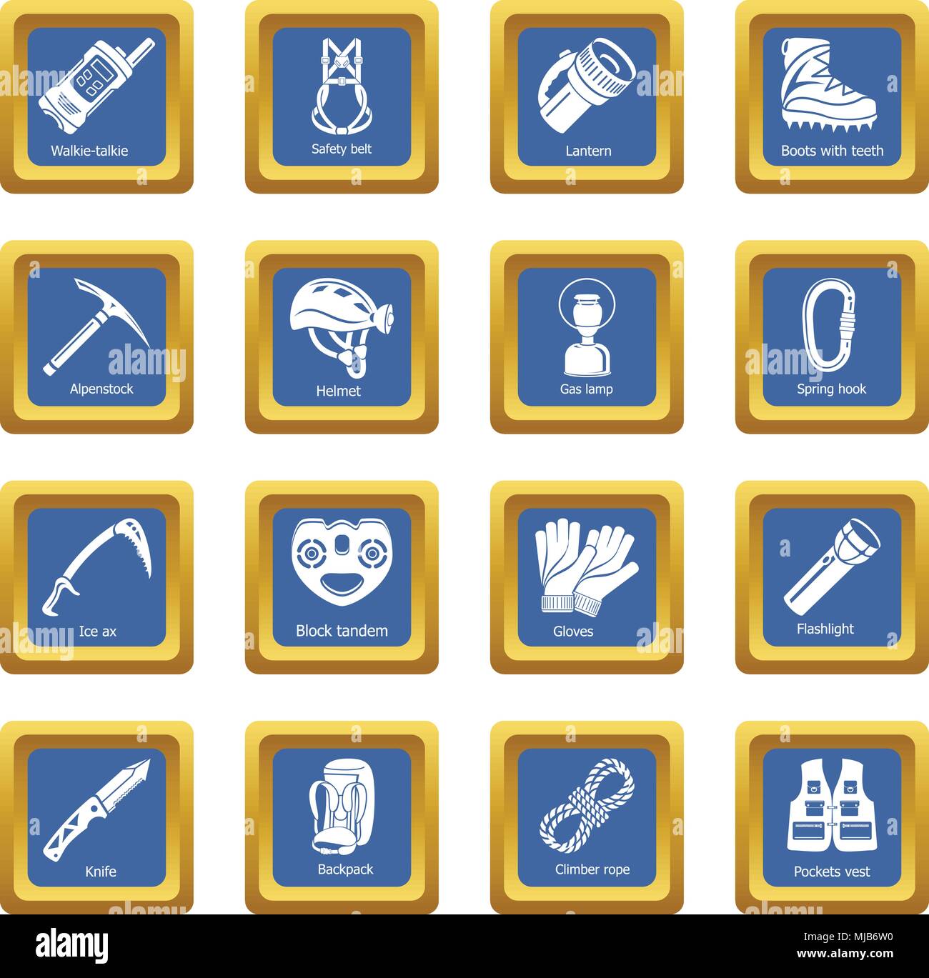 Speleology equipment icons set vector blue square isolated on white ...