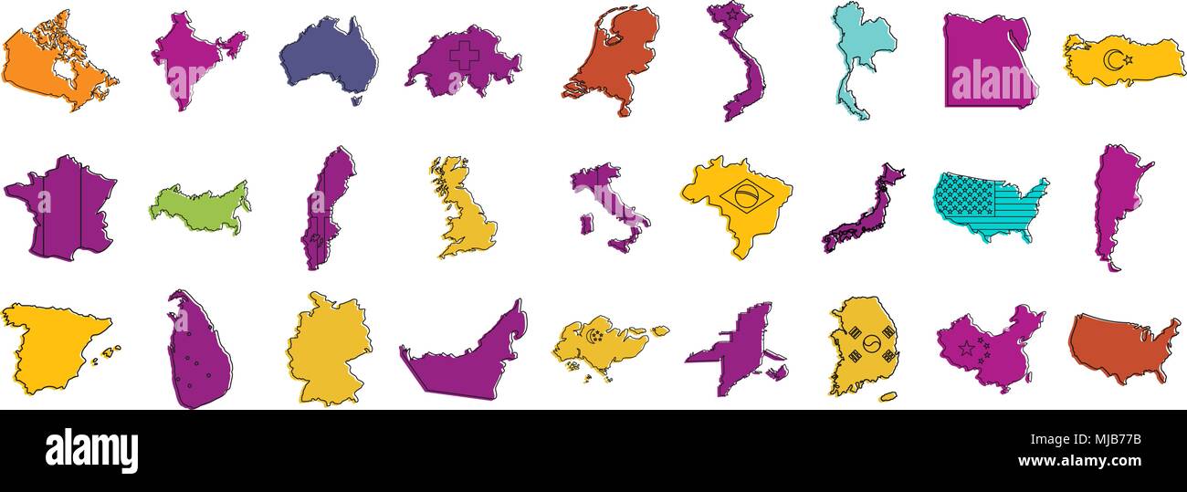 Country map icon set. Color outline set of country map vector icons for ...