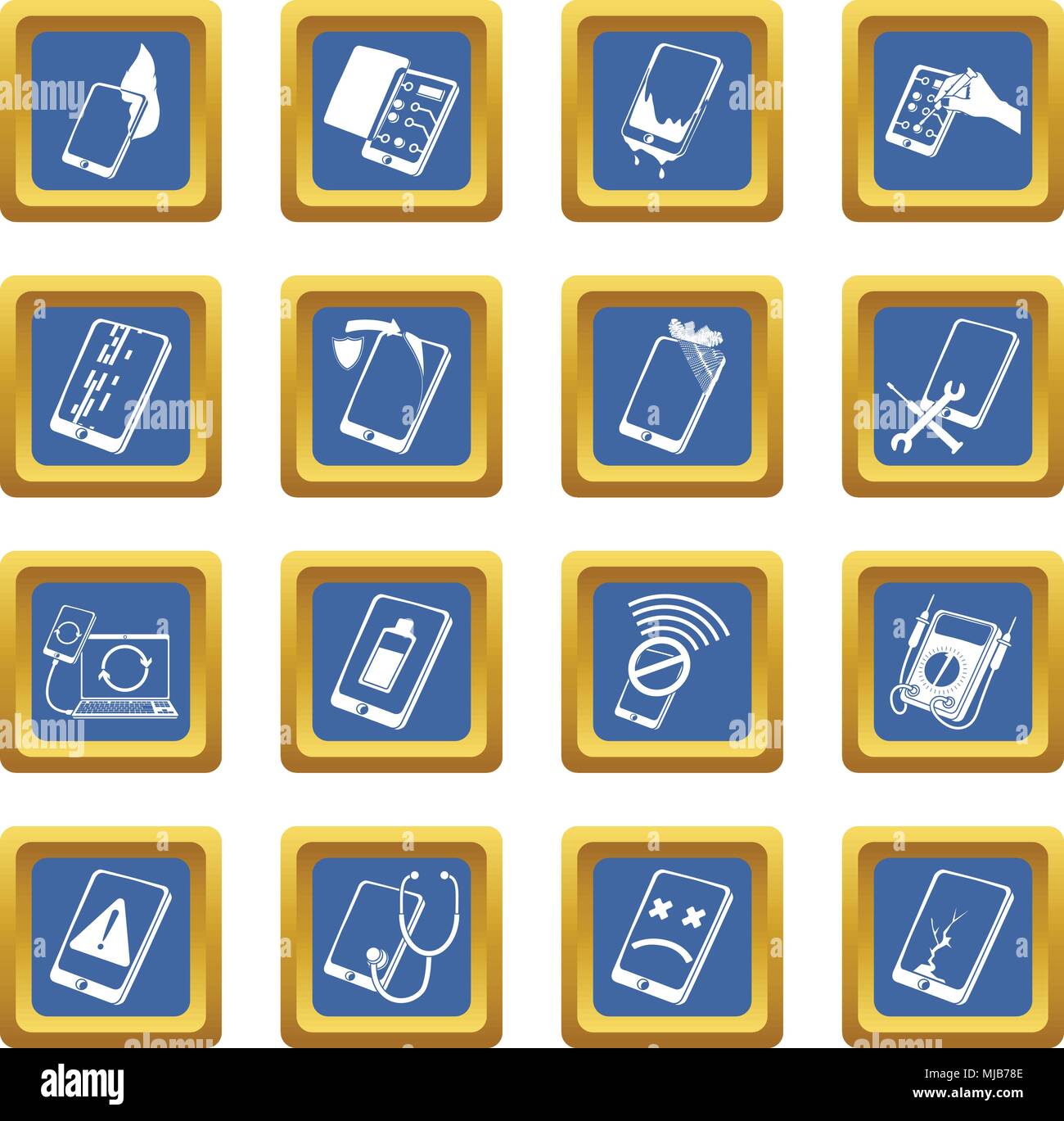 Repair phones fix icons set vector blue square isolated on white ...