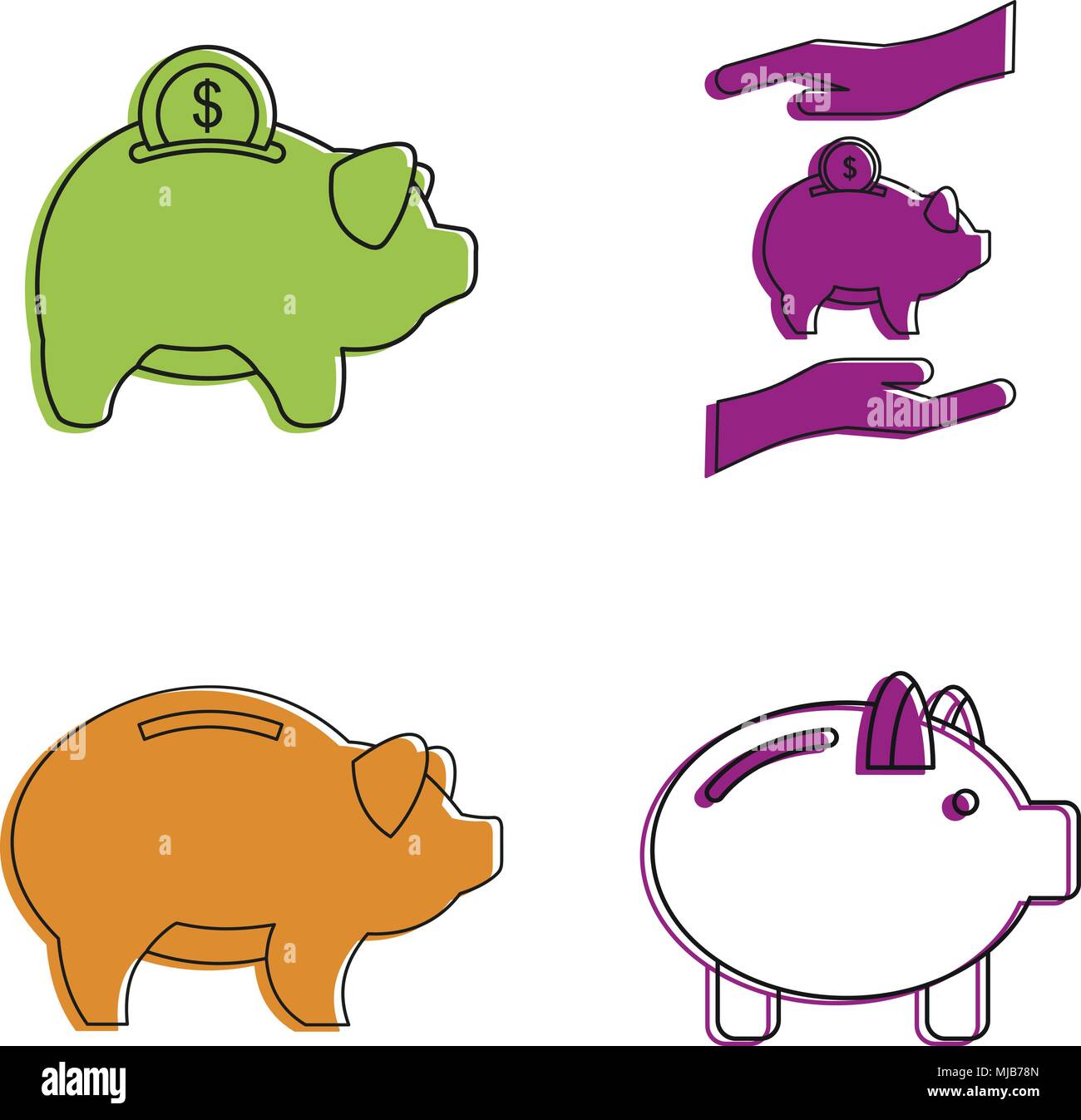 Piggy bank icon set. Color outline set of piggy bank vector icons for ...
