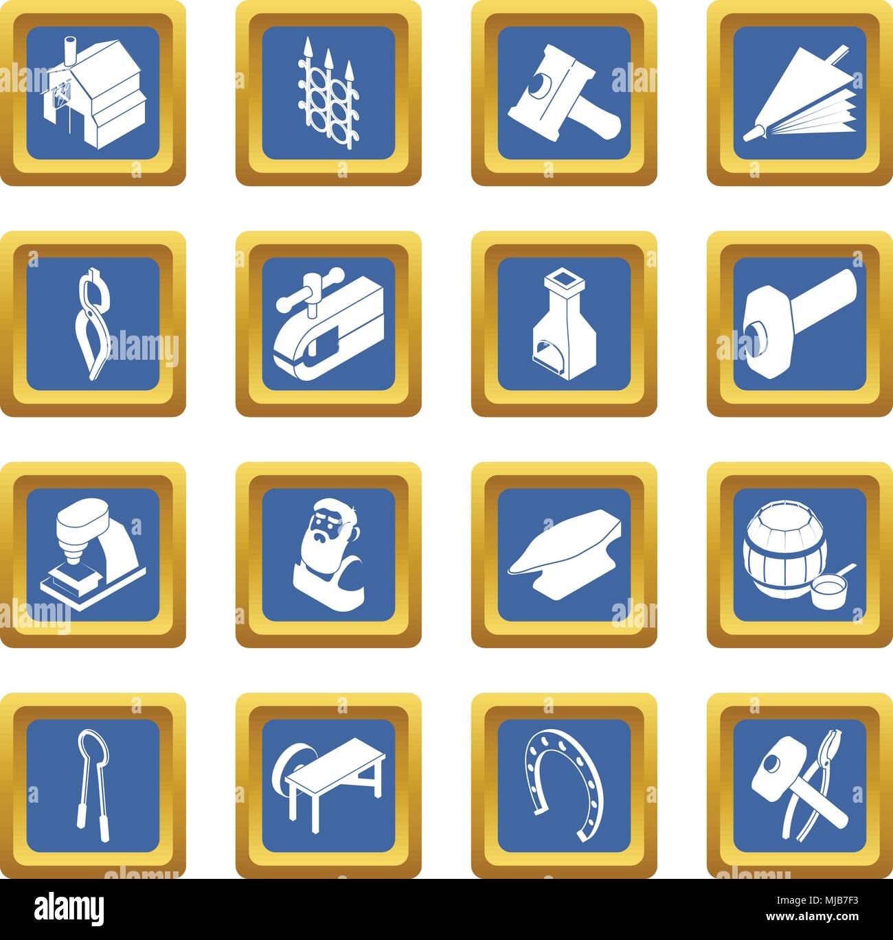 Blacksmith tools icons set vector blue square isolated on white ...