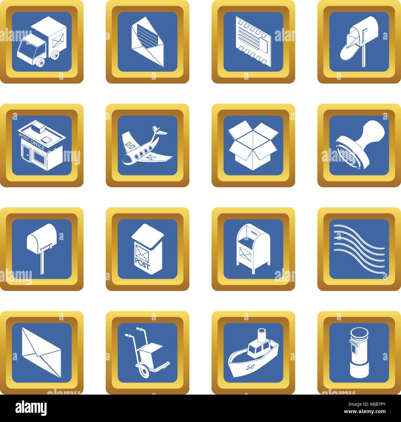 Poste service icons set vector blue square isolated on white background ...
