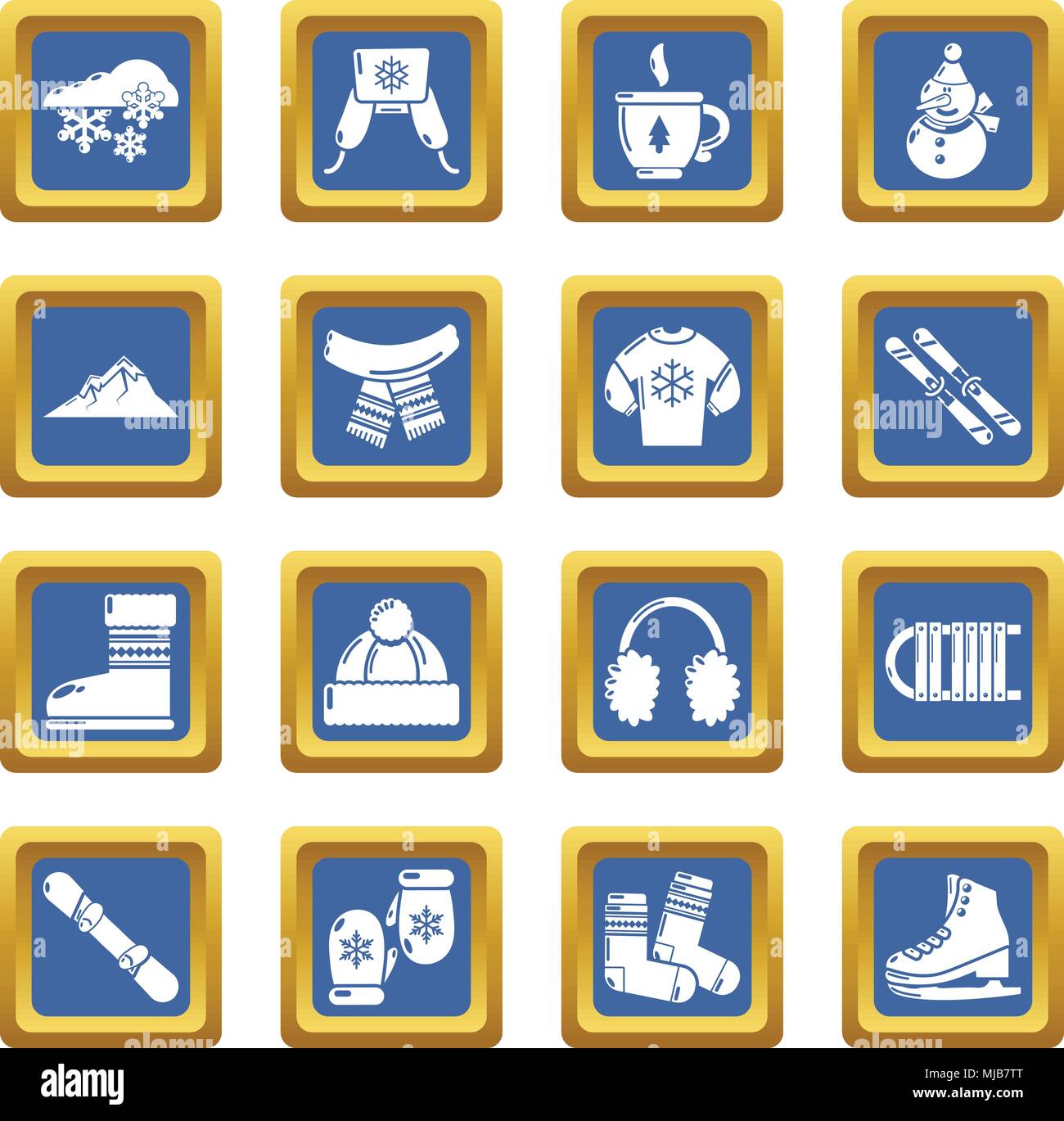 Winter clothes icons set vector blue square isolated on white ...