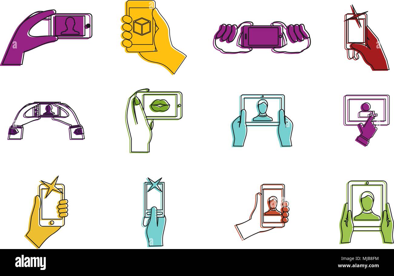 Smartphone in hand icon set, color outline style Stock Vector Image ...