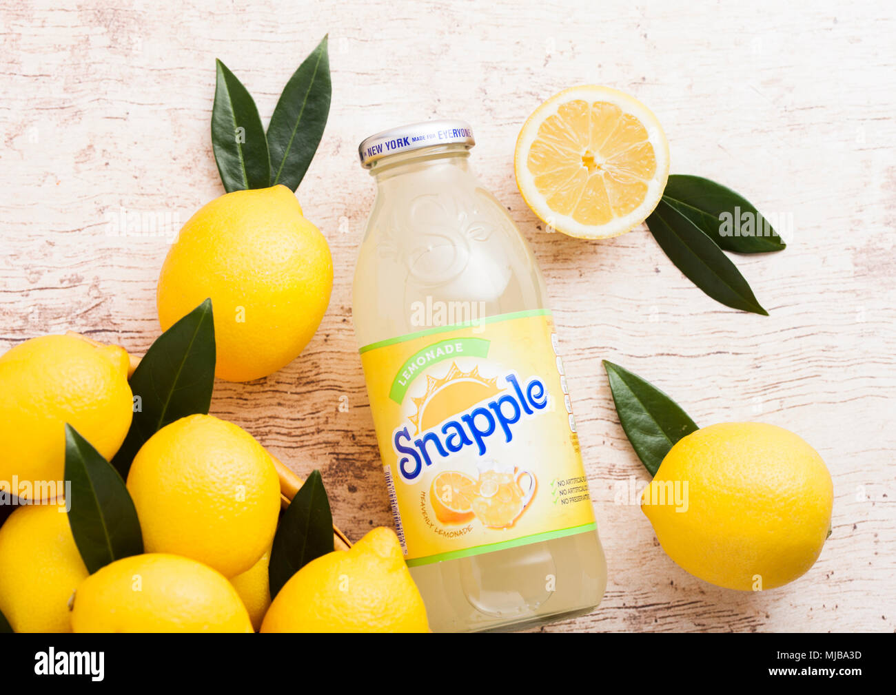 LONDON, UK - APRIL 27, 2018: Bottle of Snapple lemon juice on wooden ...