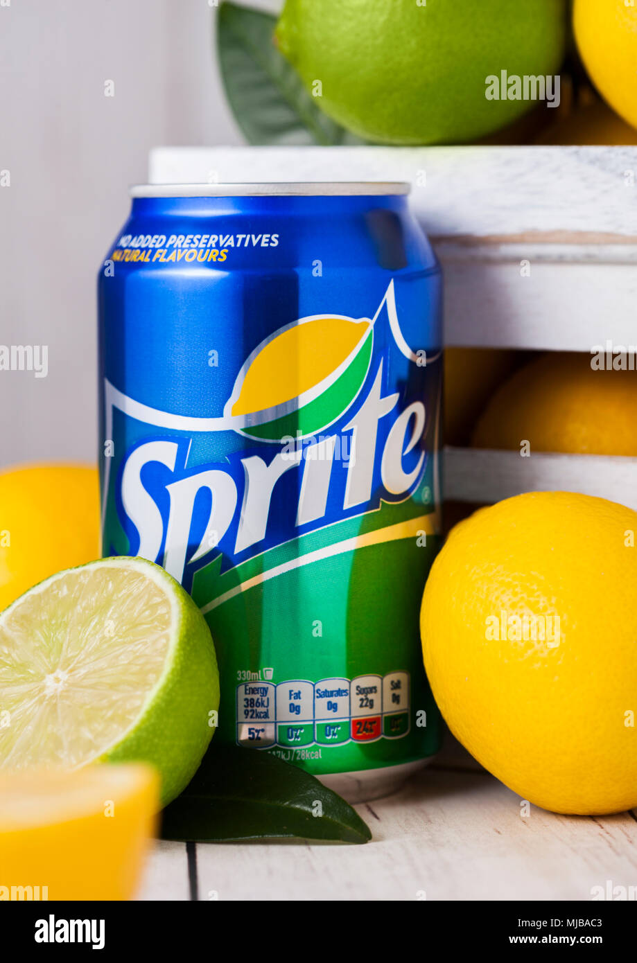 LONDON, UK - APRIL 12, 2017: Aluminium can of Sprite drink on wooden ...