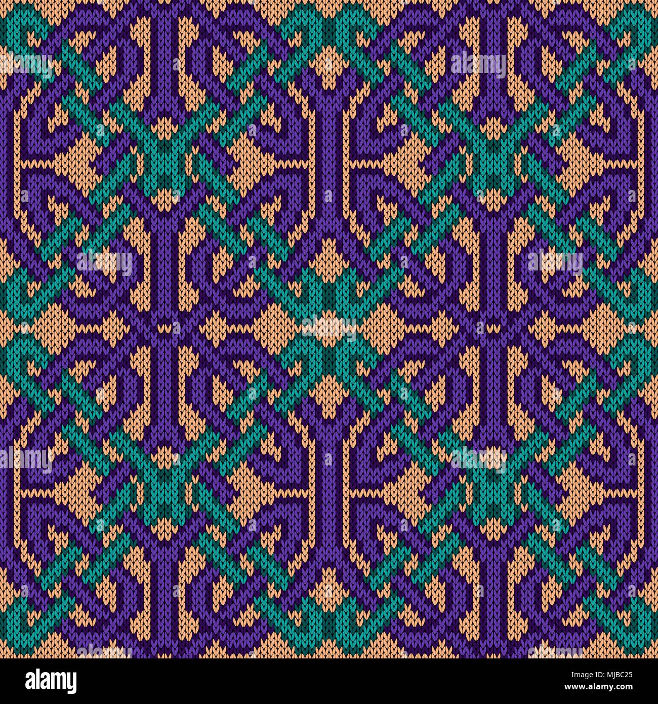 Knitted seamless vector pattern with violet and turquoise threads ...