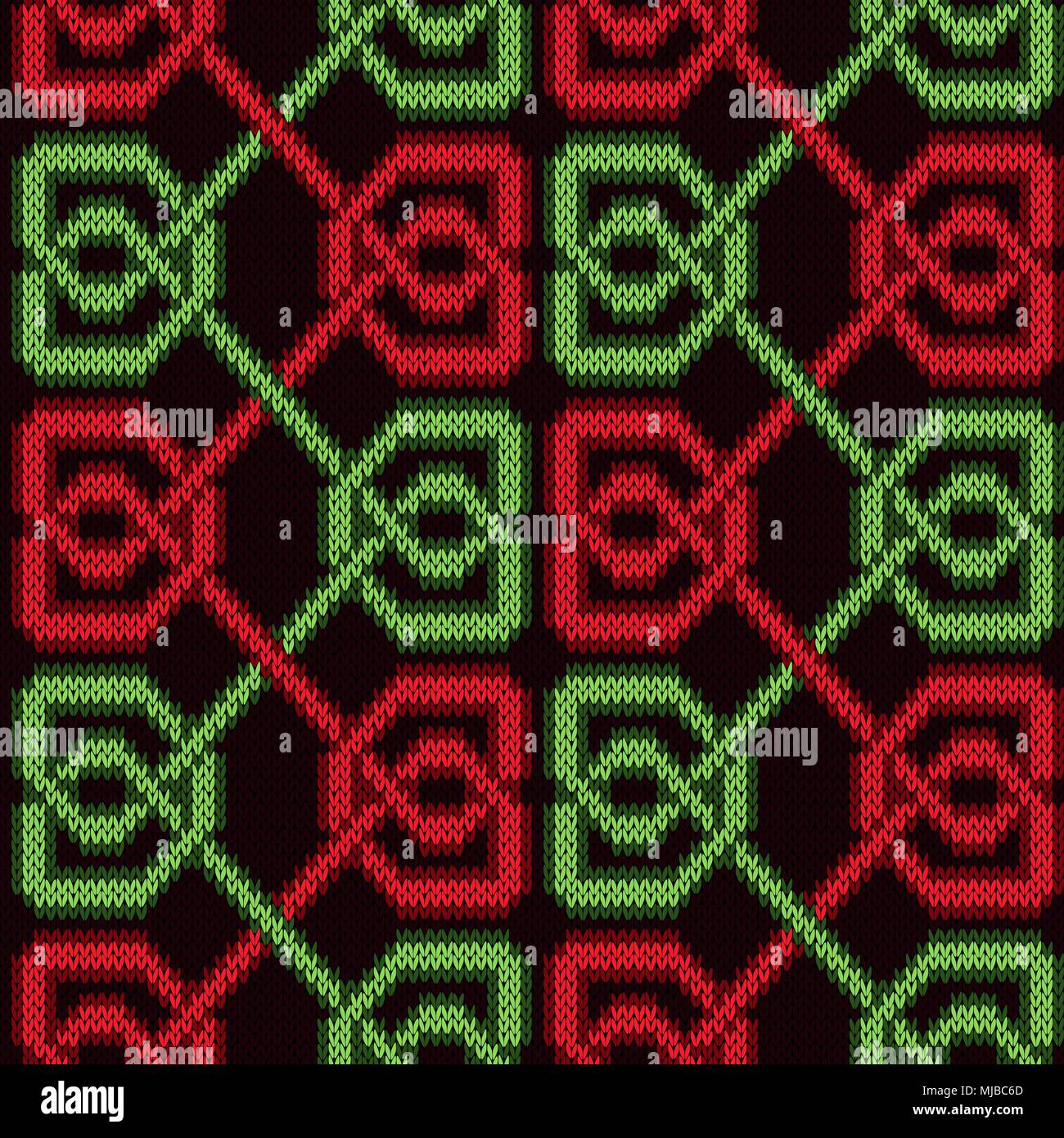 Bright red and green threads symmetrically interlaced on the dark red ...