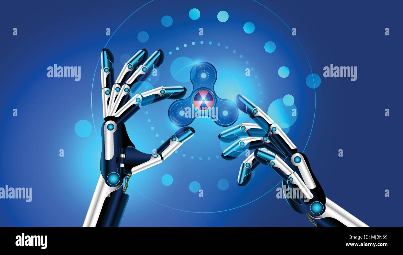 Hand spinner toy in robot hands. the robot shows the fidget toy for ...
