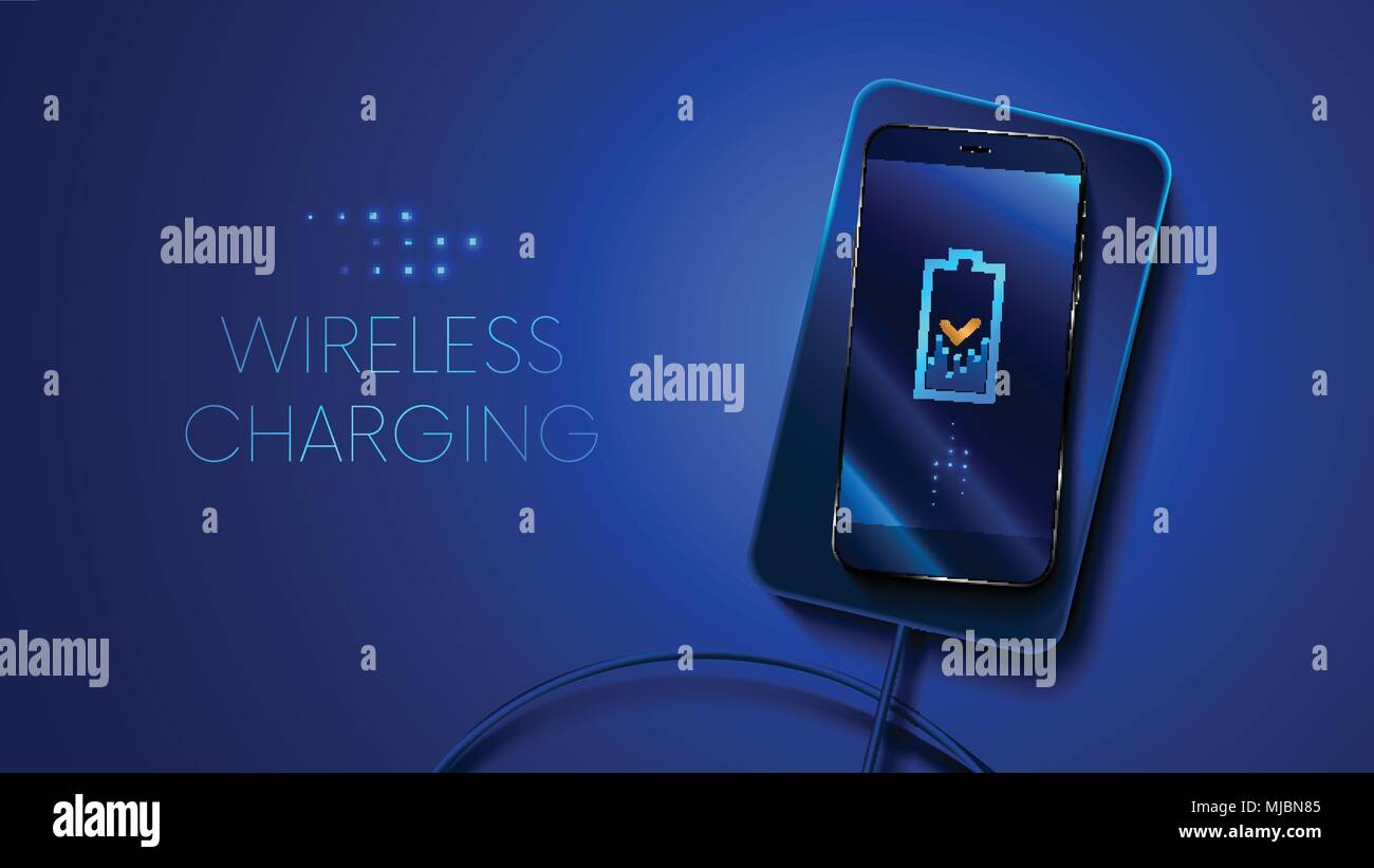 Wireless charging smart phone on blue. the battery icon shows the ...