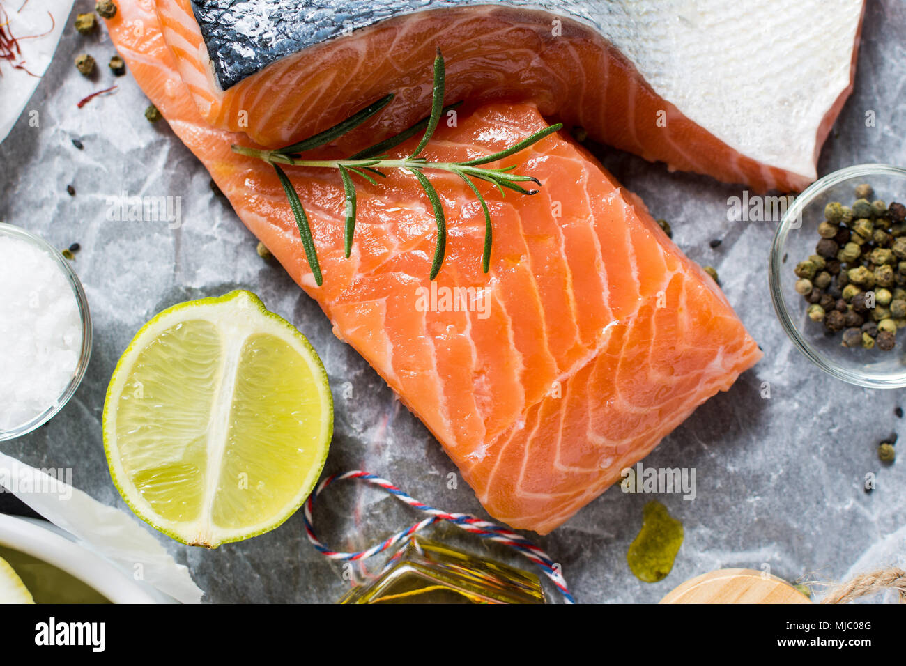 Fresh Raw Salmon Fillet and Ingredients for Cooking. Healthy Food Stock ...