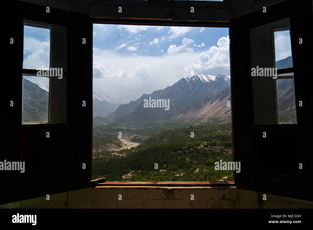 View to Karimabad and Hunza valley through the Baltit fort window ...