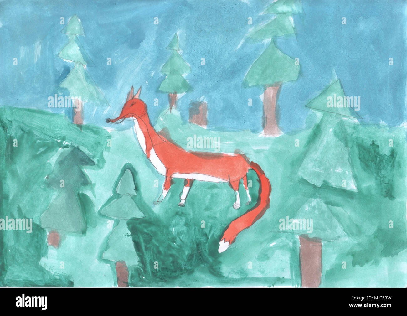 Children's drawing - Fox in the forest Stock Photo - Alamy