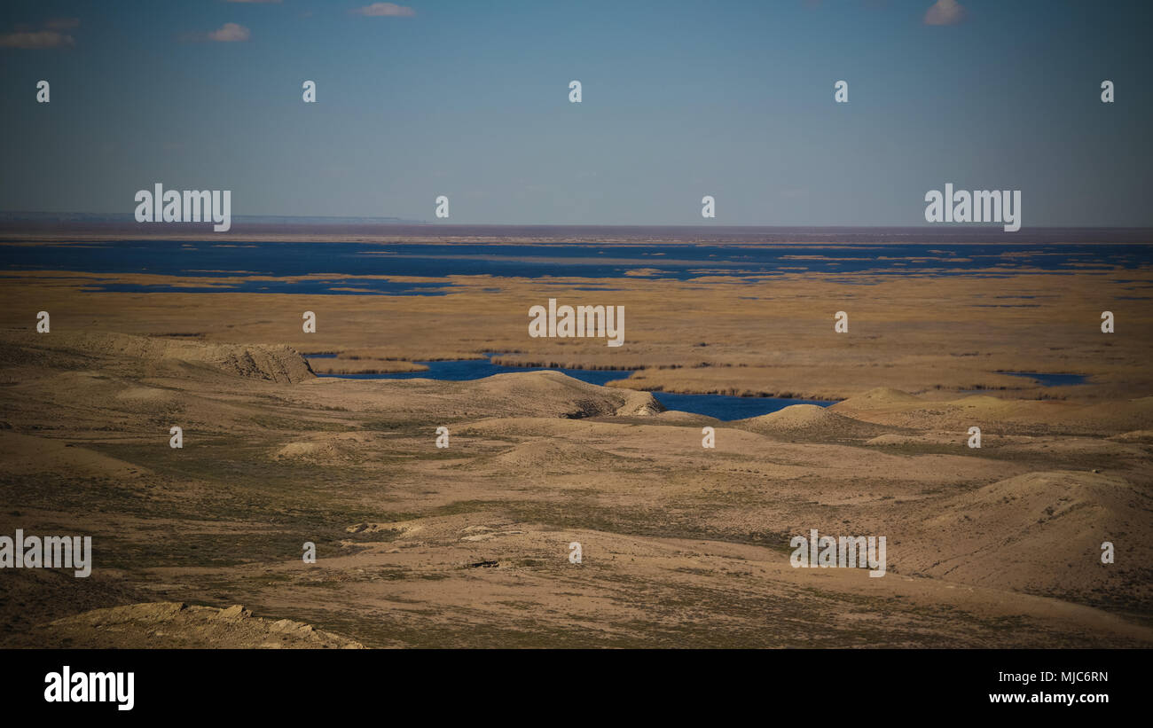Landscape of Sudochye lake aka part of former Aral sea at Urga fishing ...