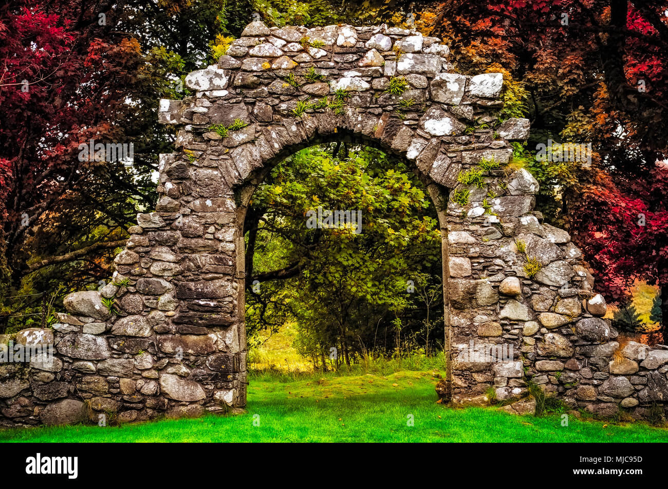 Old stone entrance wall in the garden with beautiful colorful foliage ...