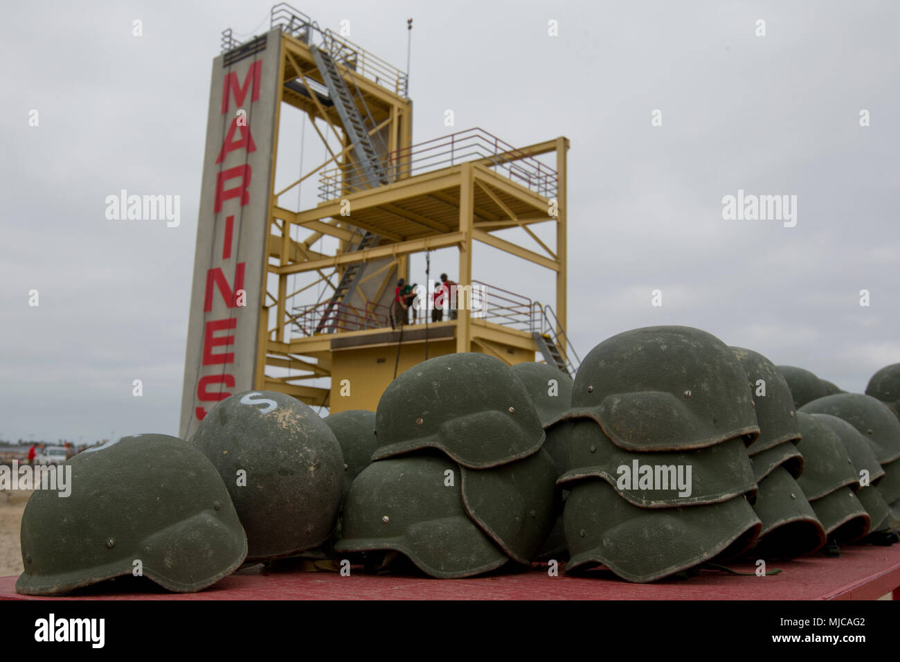 Safety gear sits on a table during a rappel tower event at Marine Corps ...