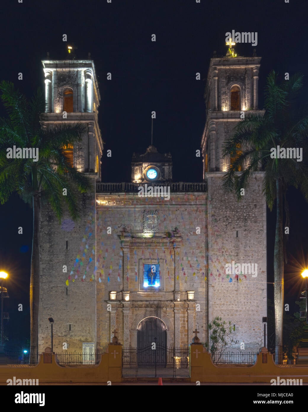 Mexican colonial church at night. Details on the ancient walls show how ...