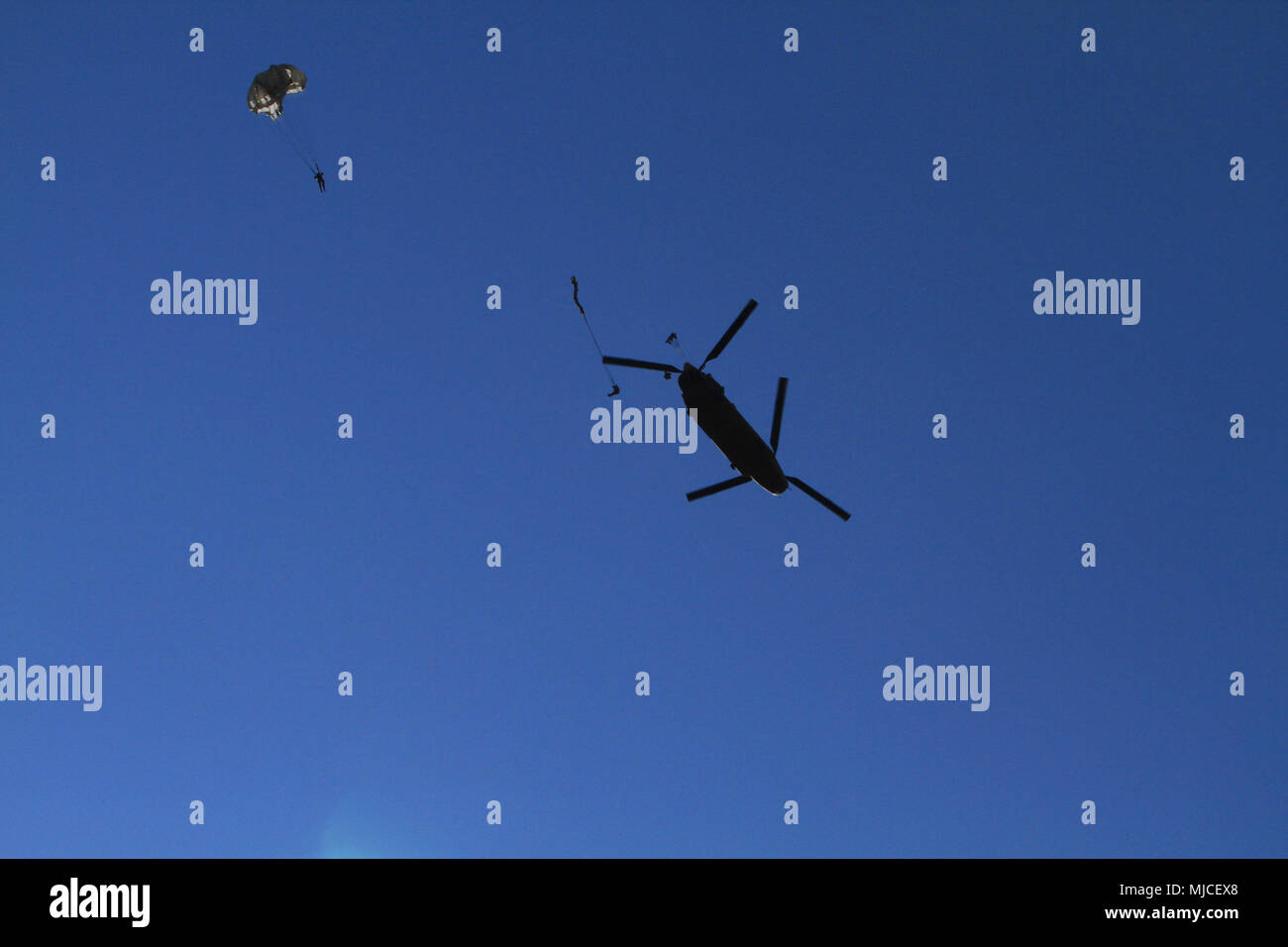 U.S. Army Paratroopers jump from a U.S. Army CH-47 "Chinook" during an ...