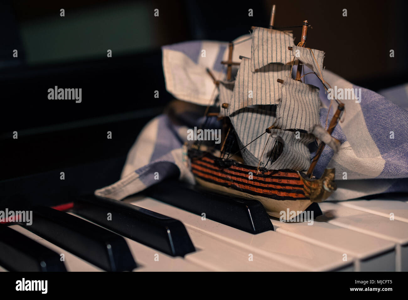 The model of the medieval Galeona floating through the black&white ...