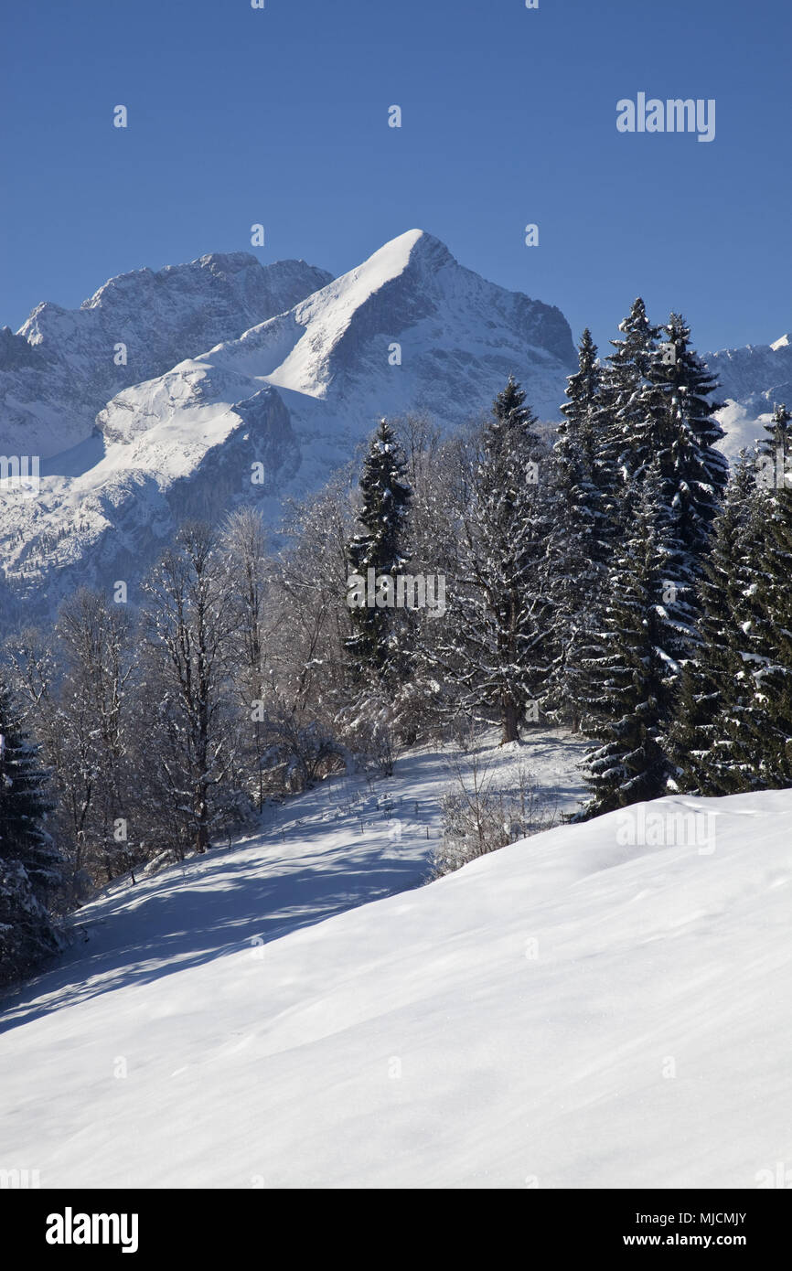 Winter scenery with view at Alpspitze in winter, Garmisch-Partenkirchen ...