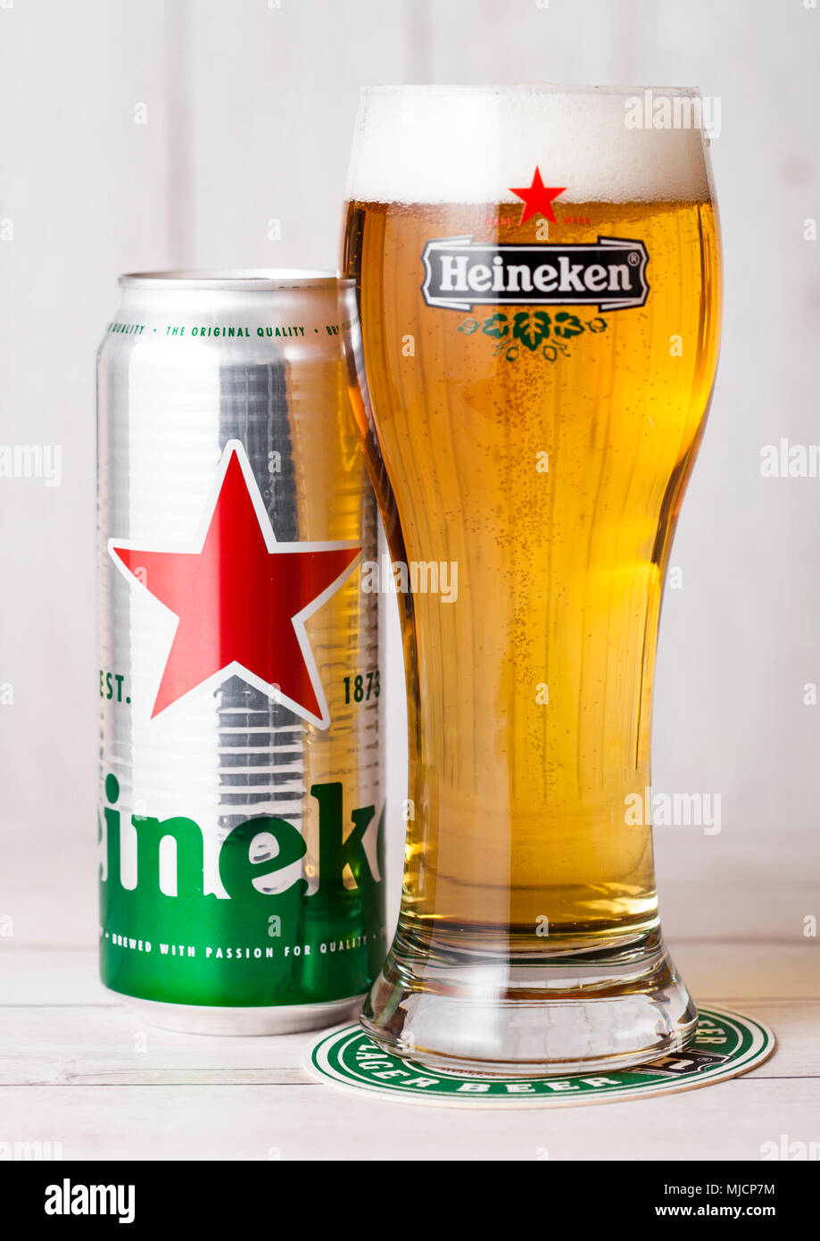 LONDON, UK - APRIL 27, 2018: Aluminium glass of Heineken Lager Beer on ...
