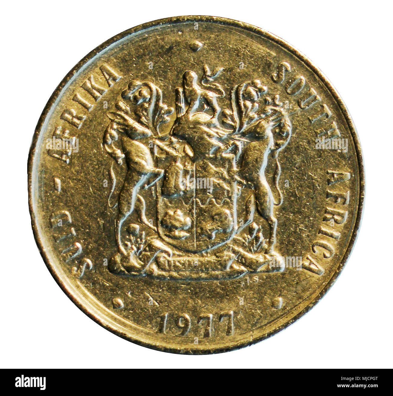 One rand coin isolated on white. South Africa. 1977. Reverse Stock ...