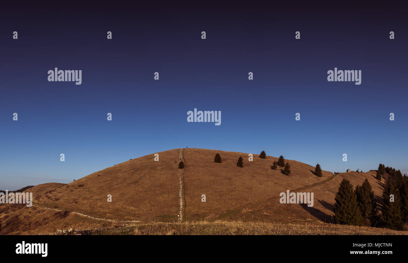 Top of a hill panorama with sporadic trees, dry stone walls and meadows ...