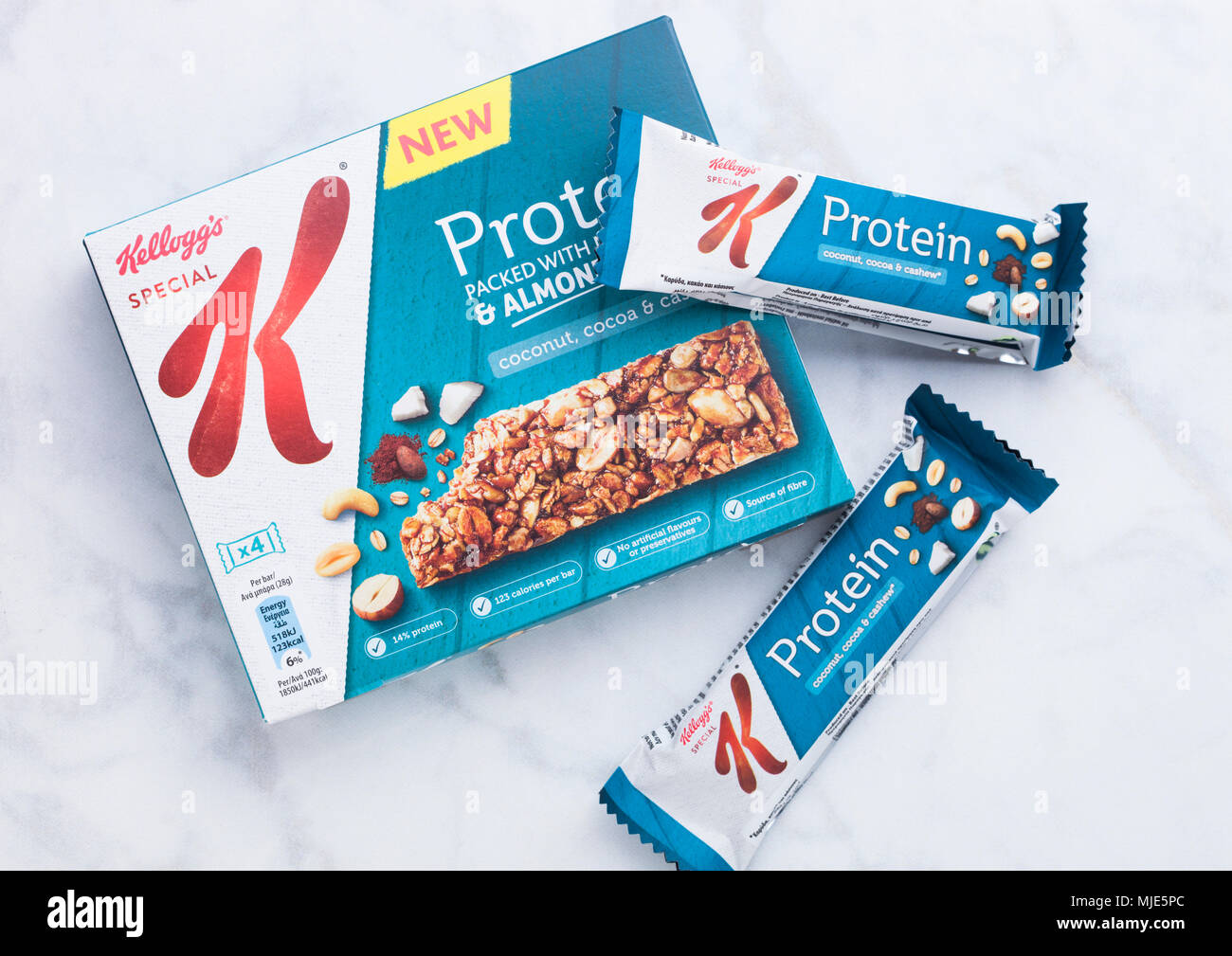 LONDON, UK - APRIL 27, 2018: Box of Kellog's Protein bar with seeds and ...