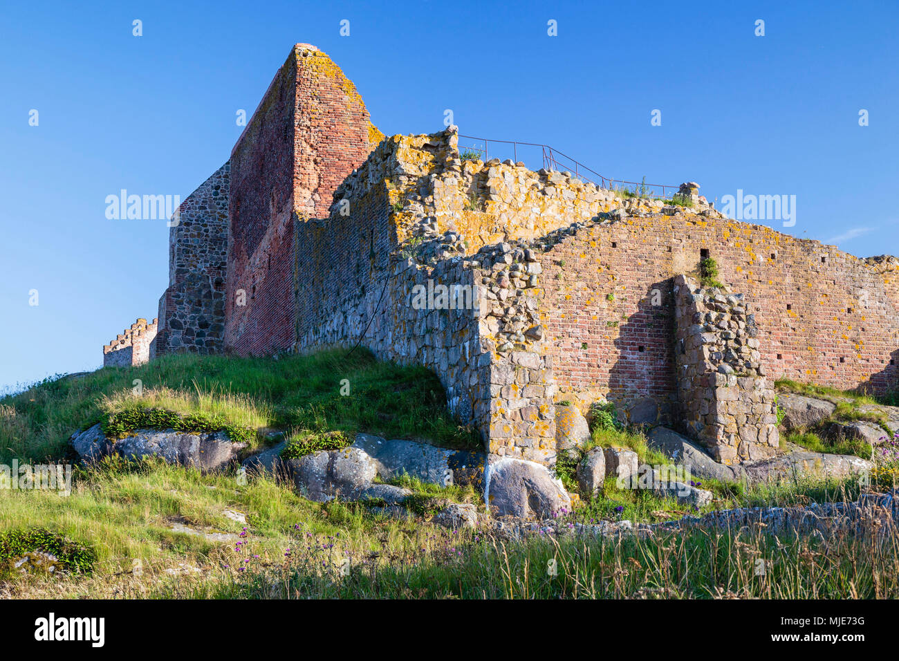 The inner walls of the Hammershus castle ruin (13th century) in the ...