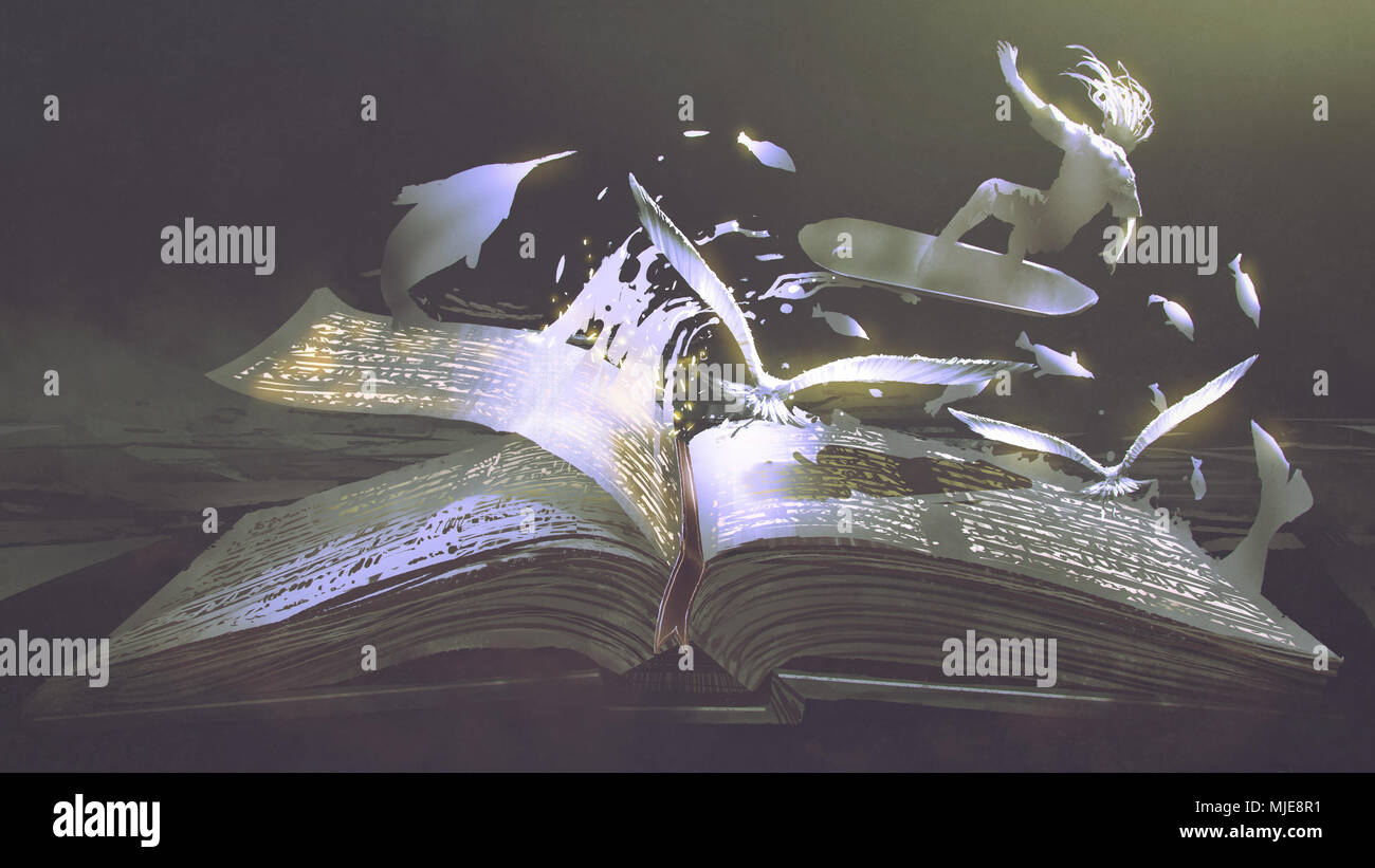 open magic book with surfer, birds and fishes coming out, digital art ...