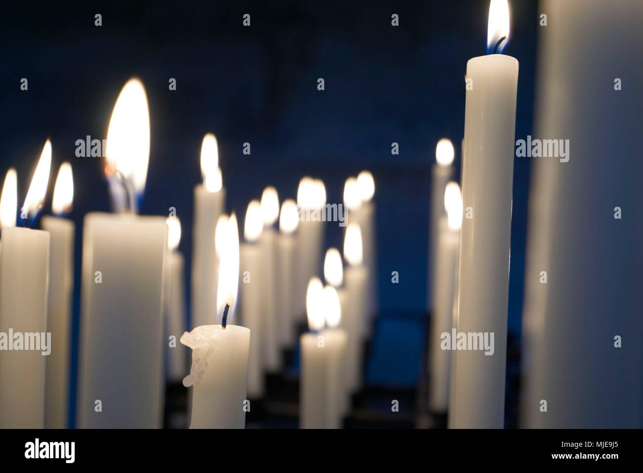 Many white candles are burning in a church, side by side, row, open ...