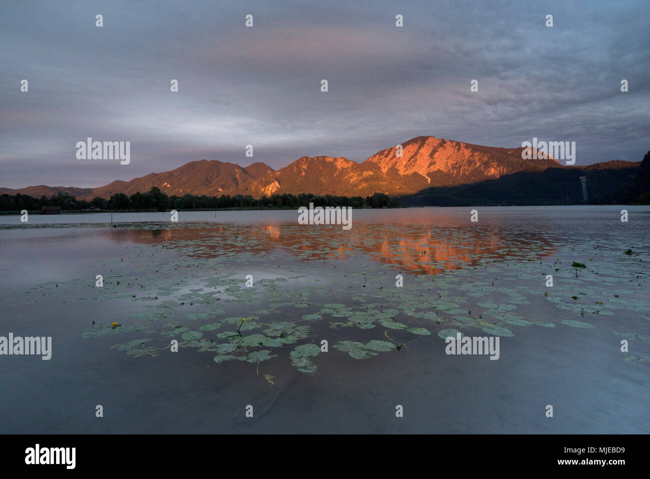 view from Schlehdorf over the Kochelsee (Lake Kochel) to the Jochberg in the evening, close ...