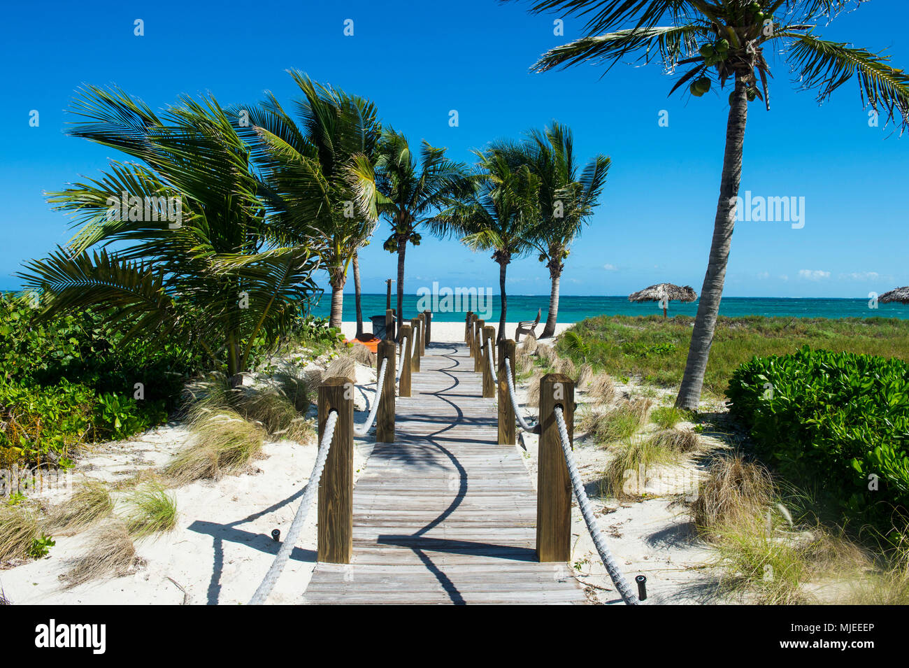 Wooden pathway leading to the turquoise waters of Providenciales, Turks ...