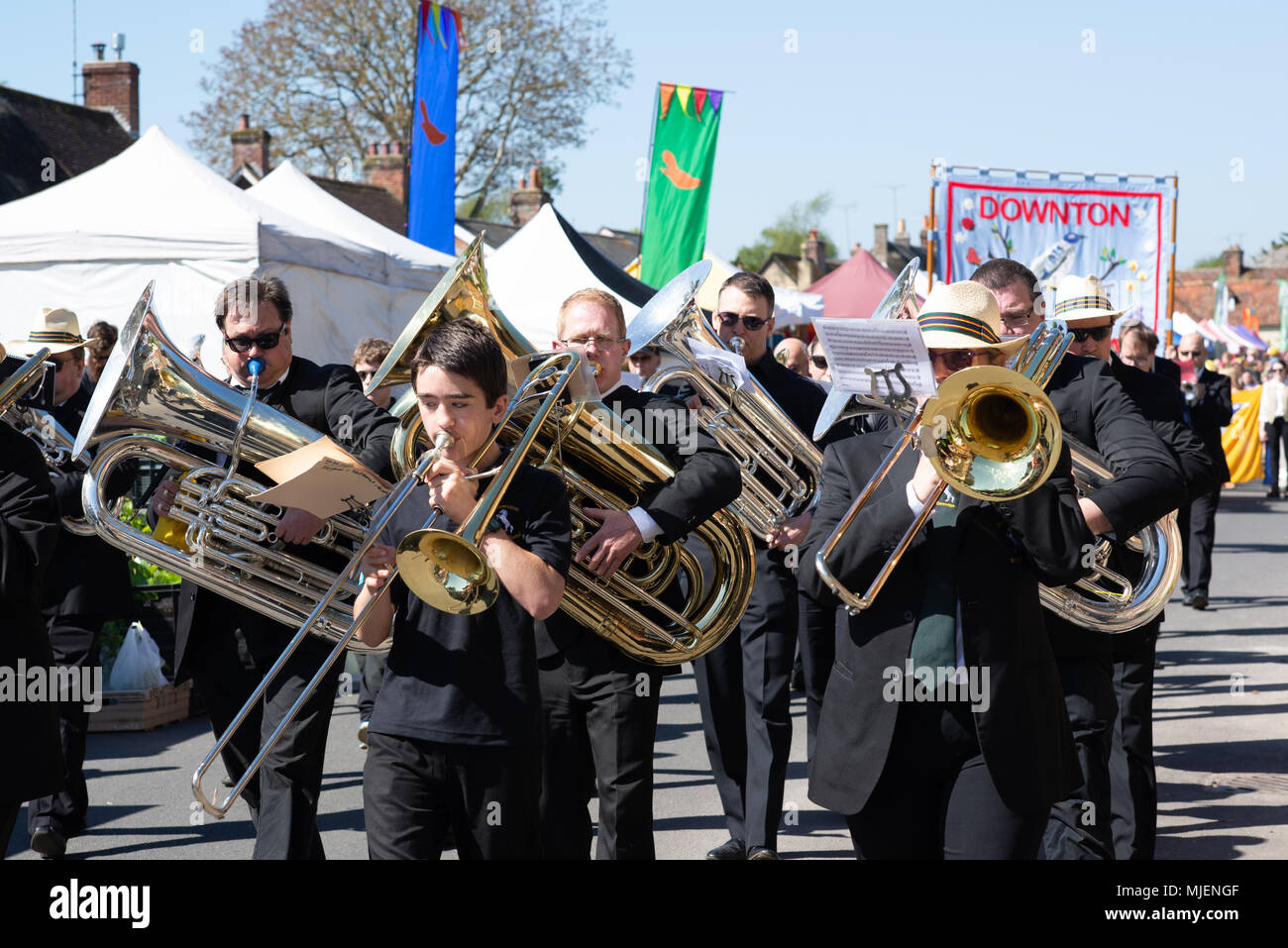 Trombone players and tuba players in a brass band at Downton Cuckoo ...