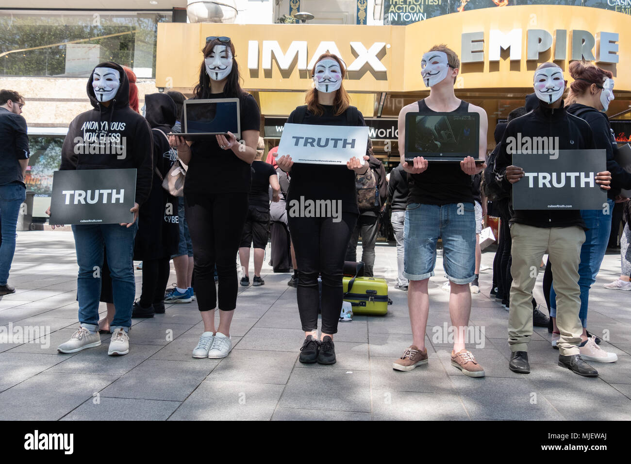 London, UK, 5th May 2018, Protesters from Anonymous for the Voiceless ...