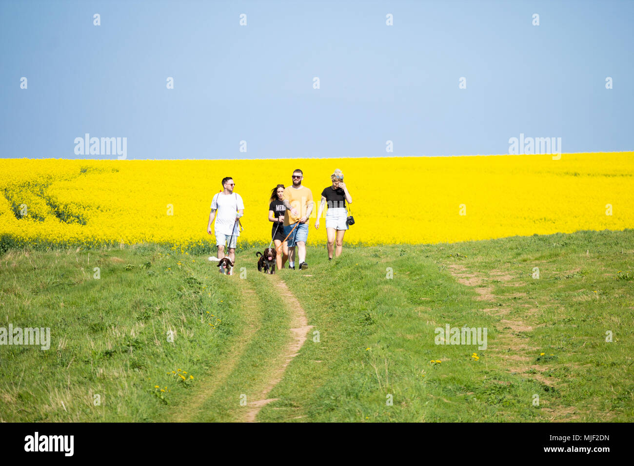 Walkers on The Cleveland Way coastal footpath near Saltburn by the sea ...