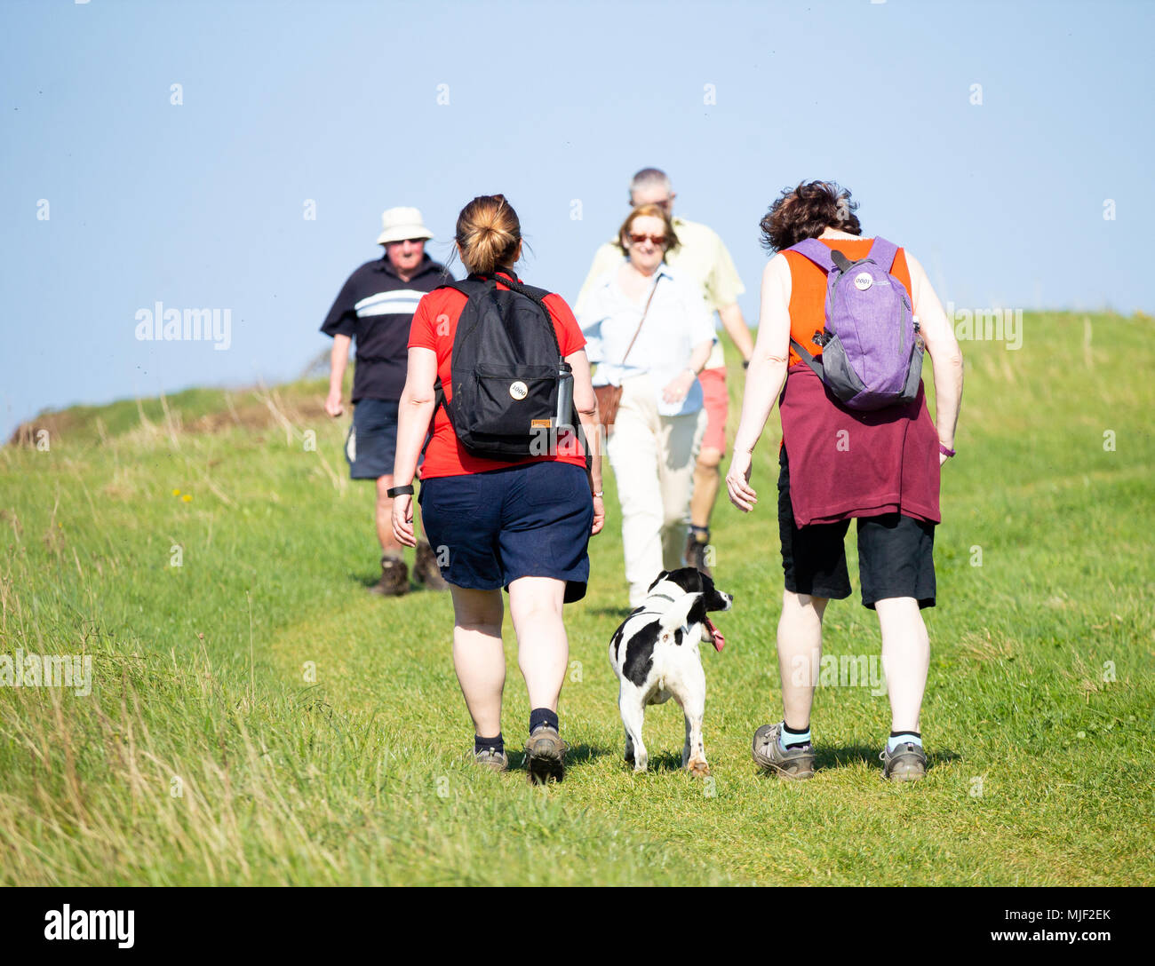 Walkers on The Cleveland Way coastal footpath near Saltburn by the sea ...