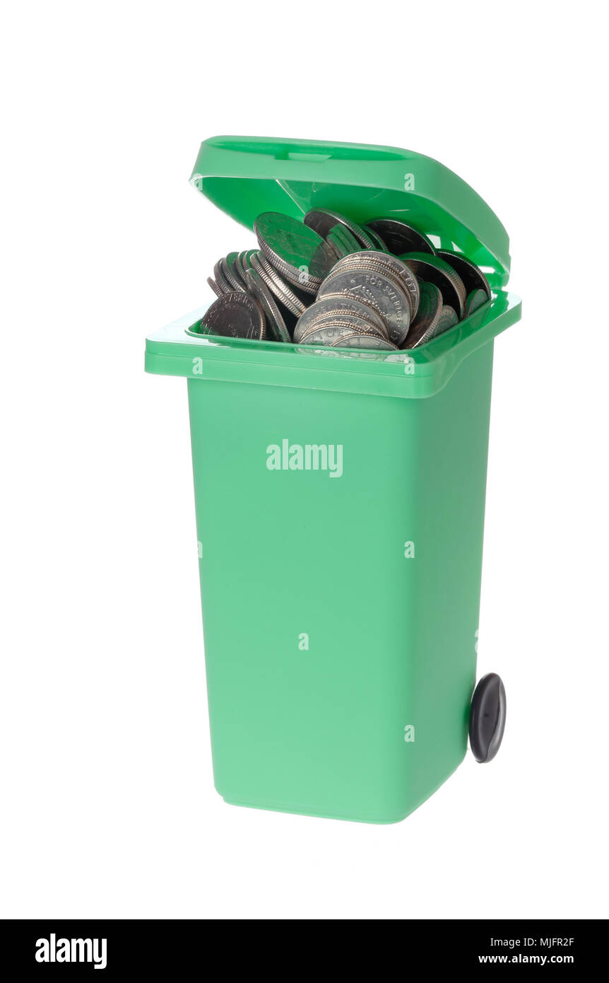 Green recycling bin with coins isolated on white background Stock Photo ...