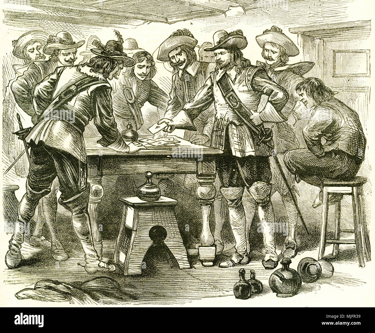 Engraving of nine musketeers gambling with cards at a tavern. From an ...