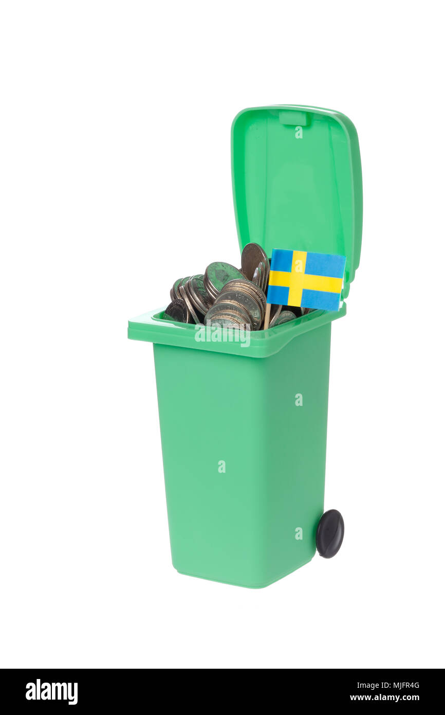 Green recycling bin with coins and Swedish flag isolated on white ...