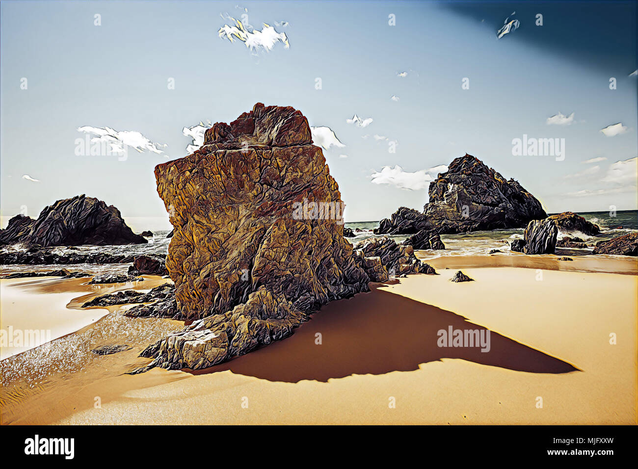 Drawing of weathered rock formation on ocean beach in summer Stock ...