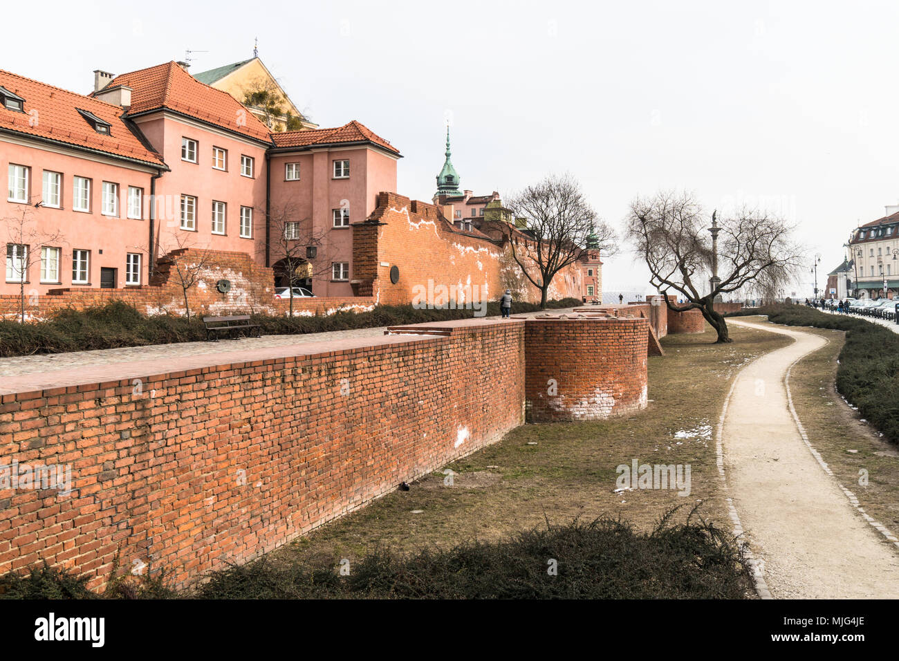 Remain of the fortified wall of Warsaw old town and the Royal castle on ...