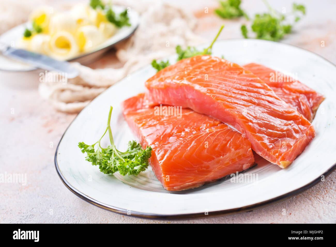 salmon fish and butter on a table, stock photo Stock Photo - Alamy