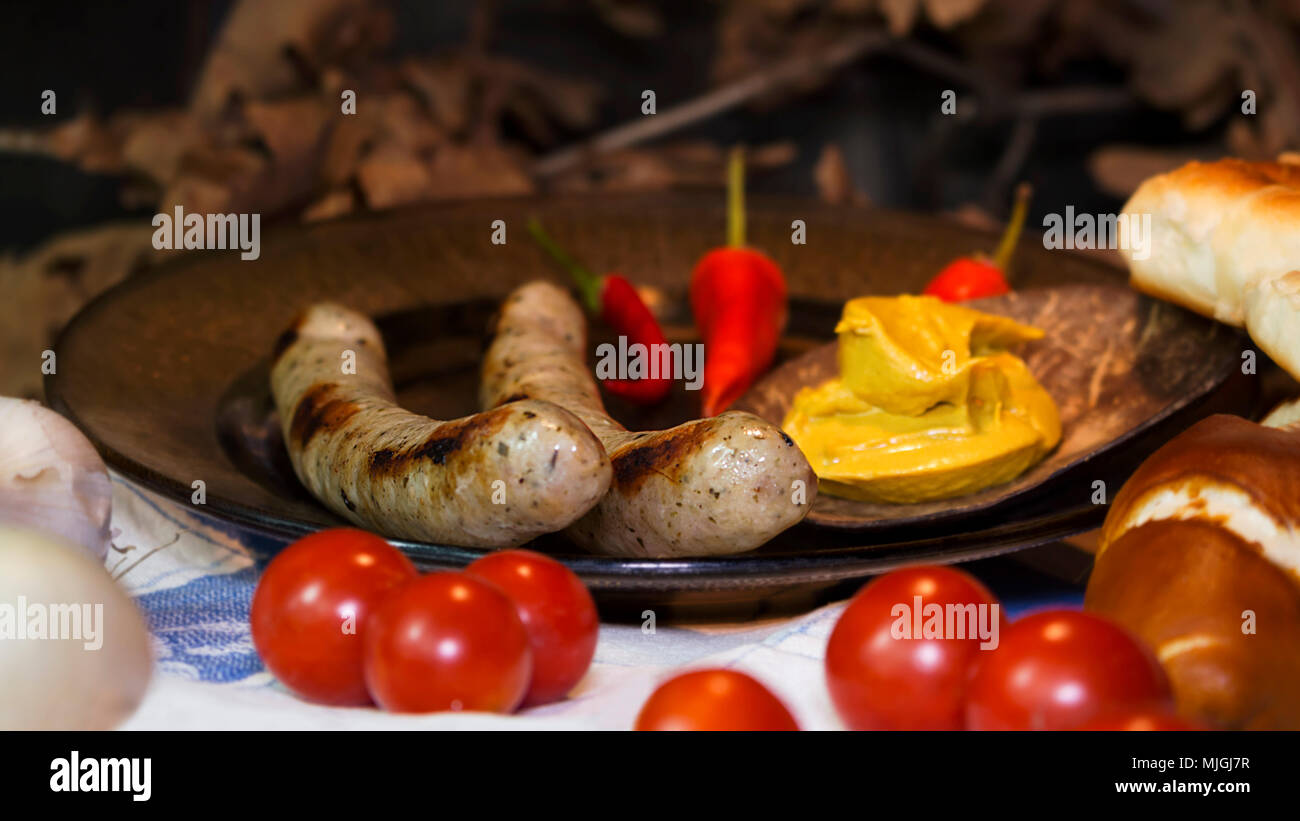 Bavarian White And Red Sausages With Mustard, Bavarian Buns and ...