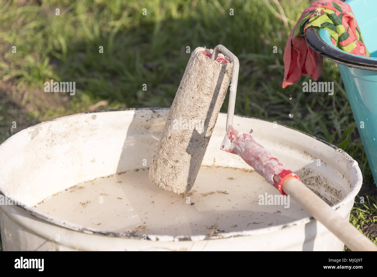 paint bucket and roller for painting walls and treating trees Stock ...