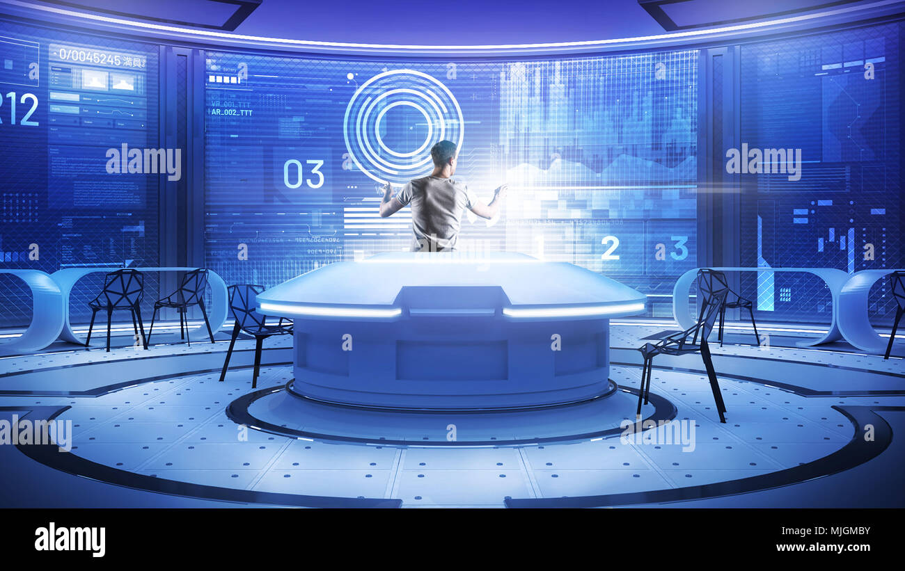 Attentive software developer standing in front of a transparent screen ...