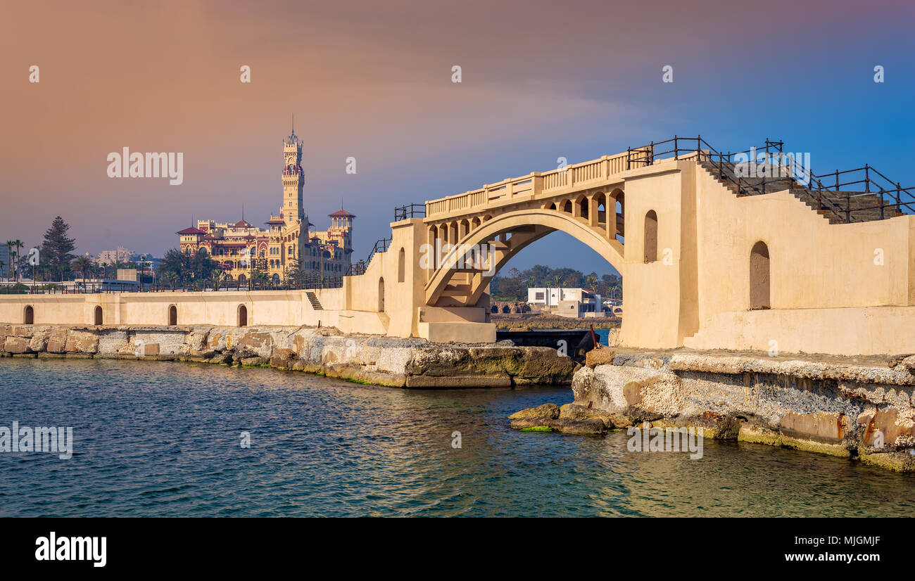 Bridge in the mediterranean sea at the tea island of Montazah park and ...