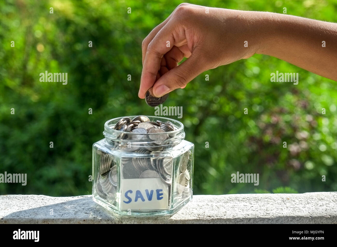 hand putting money coins Stock Photo - Alamy