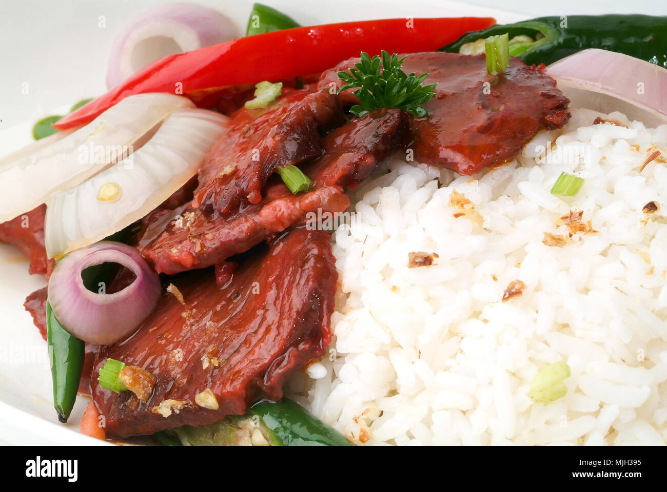 beef stir-fry with vegetable and rice asia food Stock Photo - Alamy