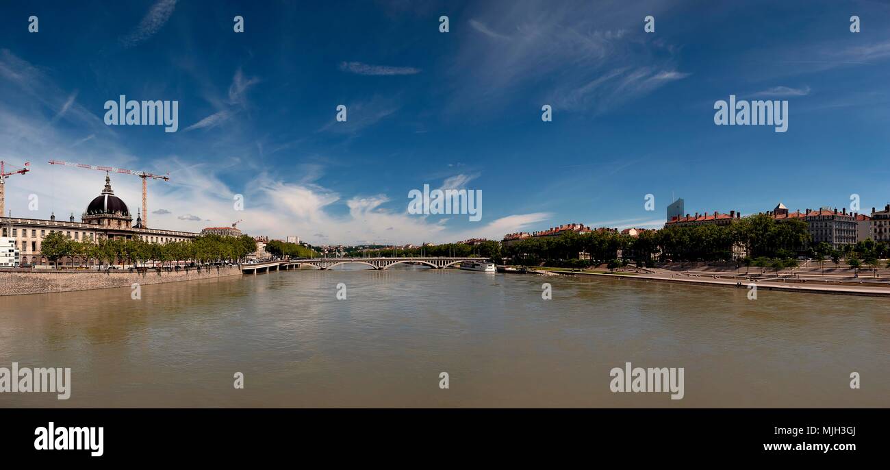 A panoramic view of the River Rhone running through the heart of Lyon ...